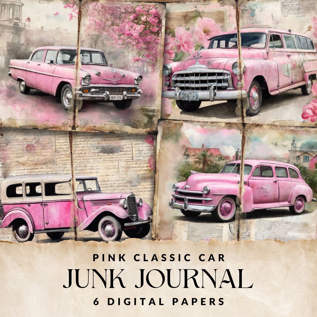 Old Vintage Pink Classic Car Junk Journal Pages, Watercolor Car Aged ...