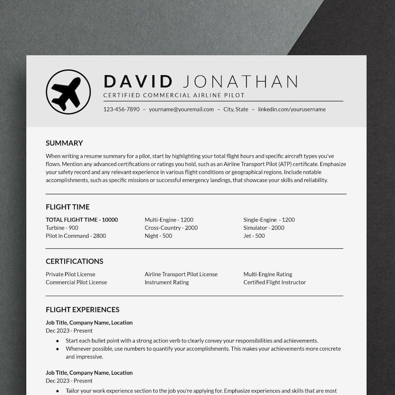 Pilot Resume Template Google Docs, Pilot Word Resume, Professional ...