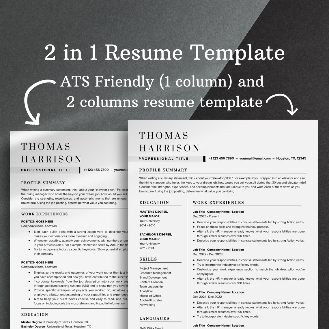 ATS Friendly Resume Template for Google Docs and Word | Cover Letter ...