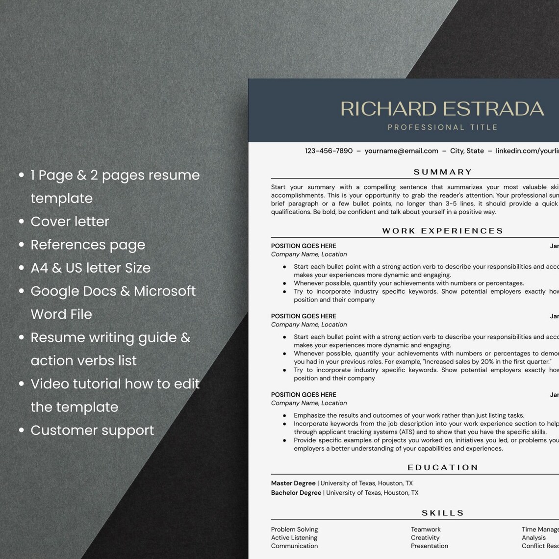 ATS Friendly Resume Template Google Docs, Microsoft Word Resume, Resume ...