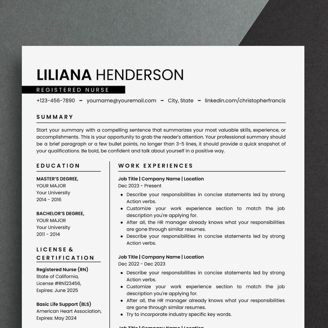 Nurse Resume Template Google Docs, Nursing Word Resume, Nurse CV ...