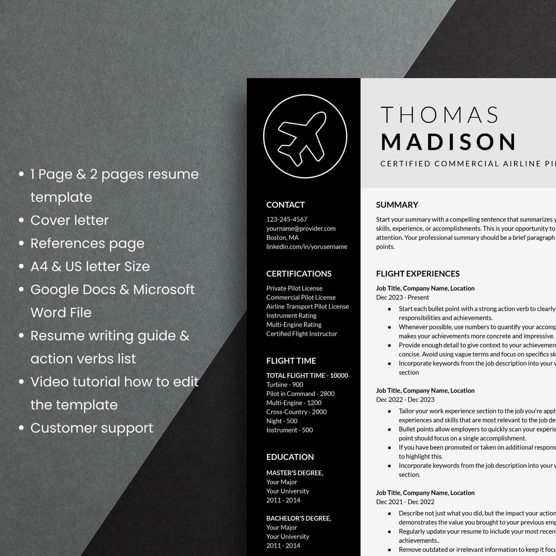 Pilot Resume Template Google Docs, Pilot Word Resume, Professional ...