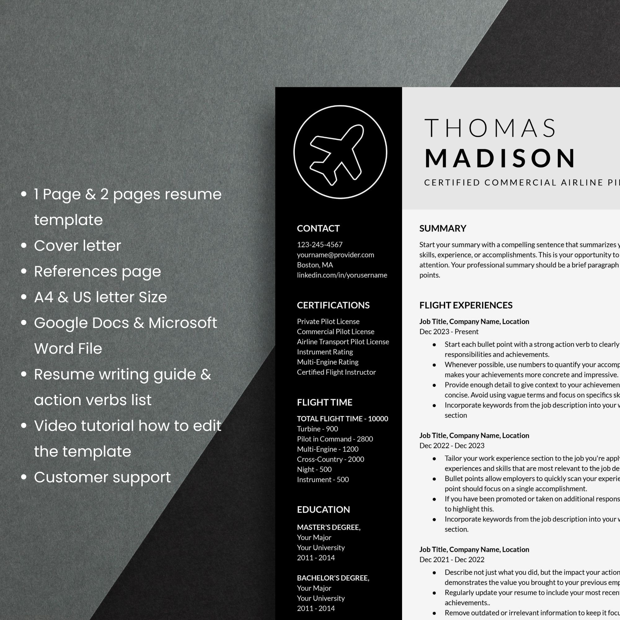 Pilot Resume Template Google Docs, Pilot Word Resume, Professional ...