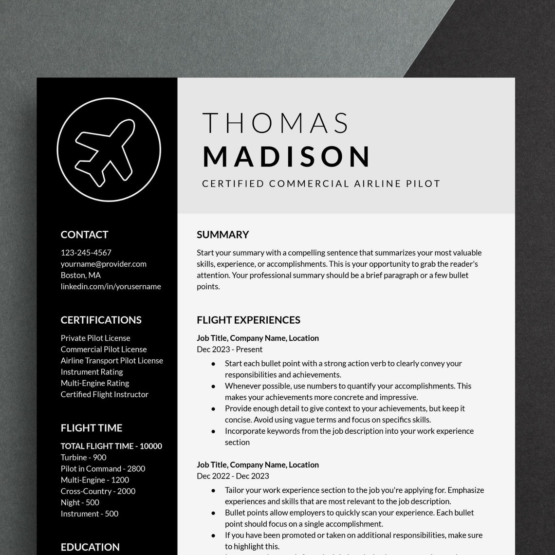 Pilot Resume Template Google Docs, Pilot Word Resume, Professional ...