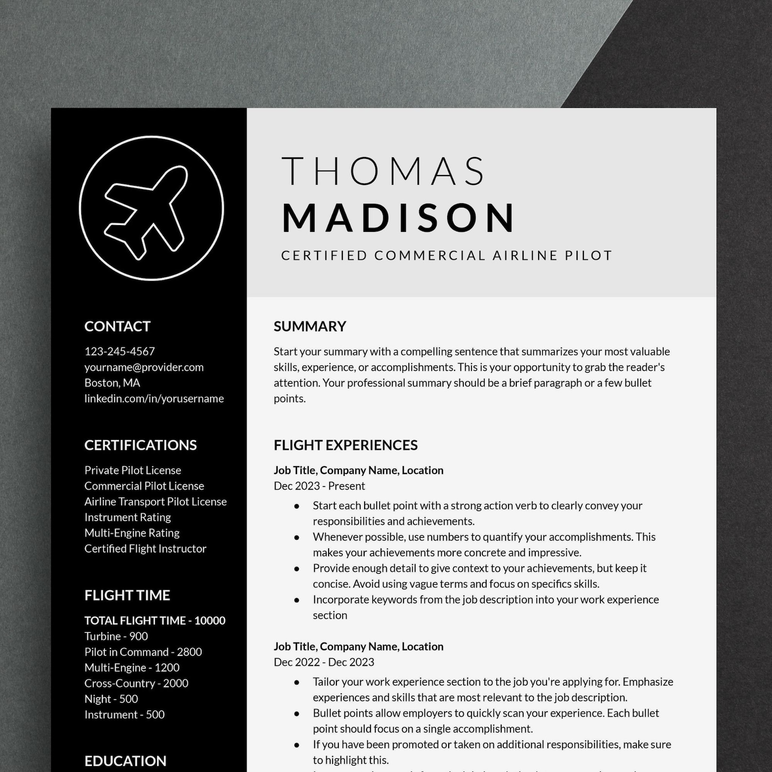 Pilot Resume Template Google Docs, Pilot Word Resume, Professional Pilot CV, Aviation Resume ...