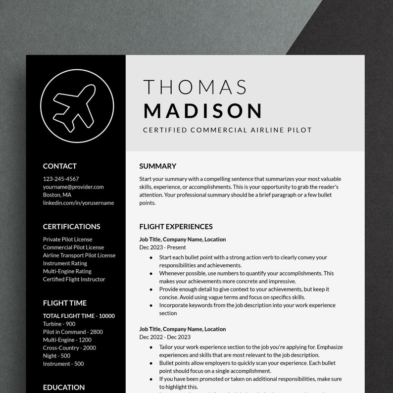 Pilot Resume Template Google Docs, Pilot Word Resume, Professional ...