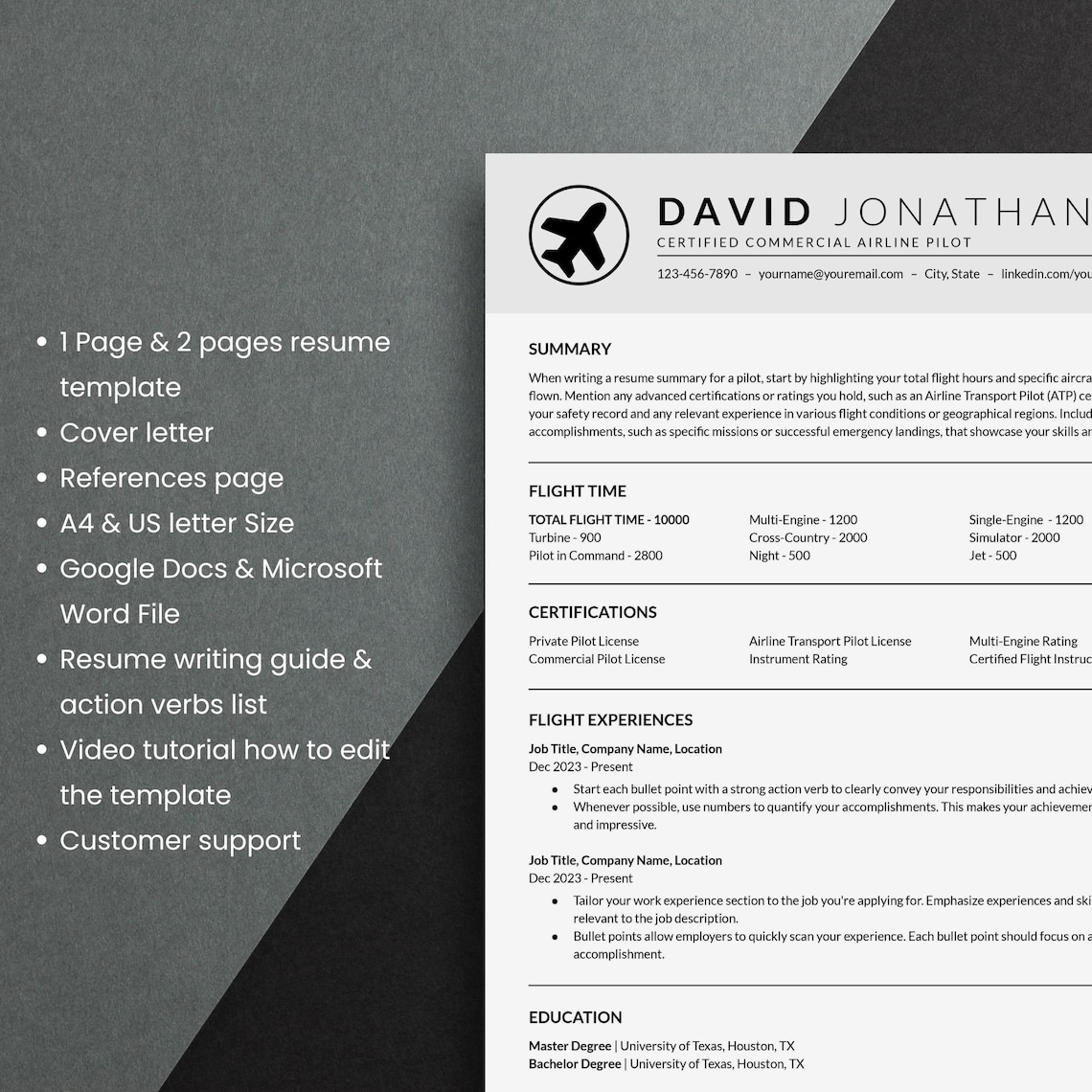 Pilot Resume Template Google Docs, Pilot Word Resume, Professional ...