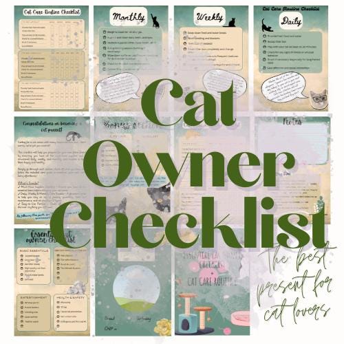 Essential Cat Owner Checklist / Cat Care Routine / Green Vintage ...