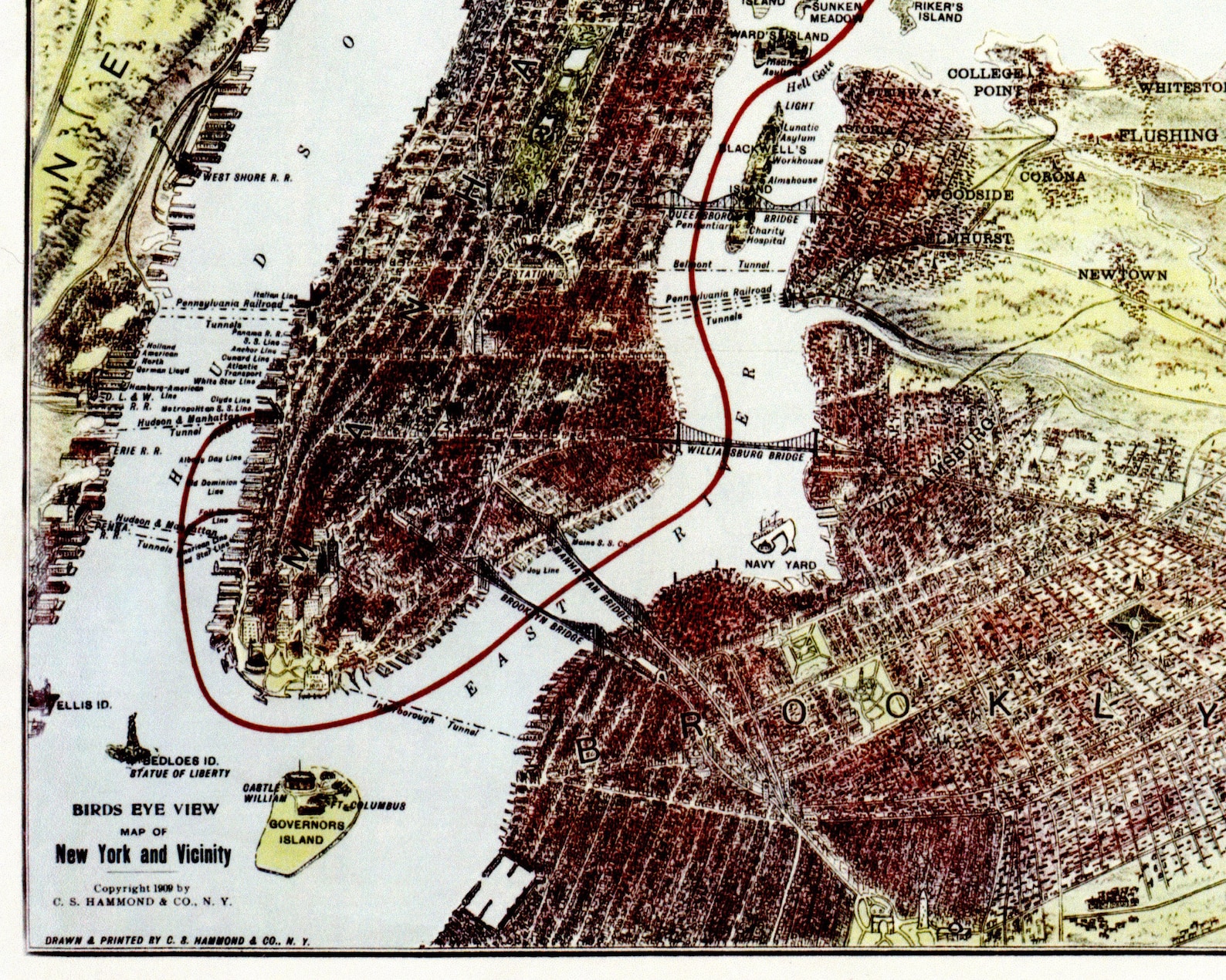 Map of New York, 1909. Incredible Bird's Eye View of the Great City ...
