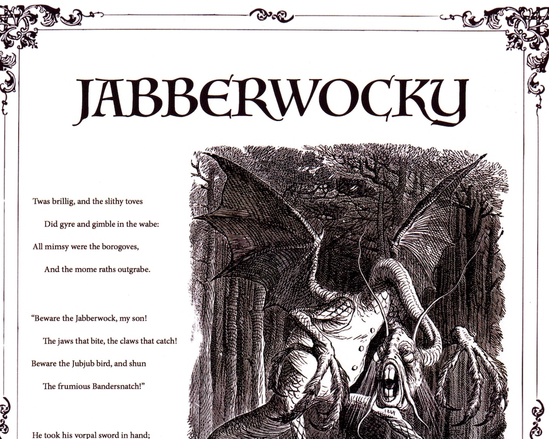 Poetry Print: 'jabberwocky' by Lewis Carroll From Alice in Wonderland. Original Illustration by ...