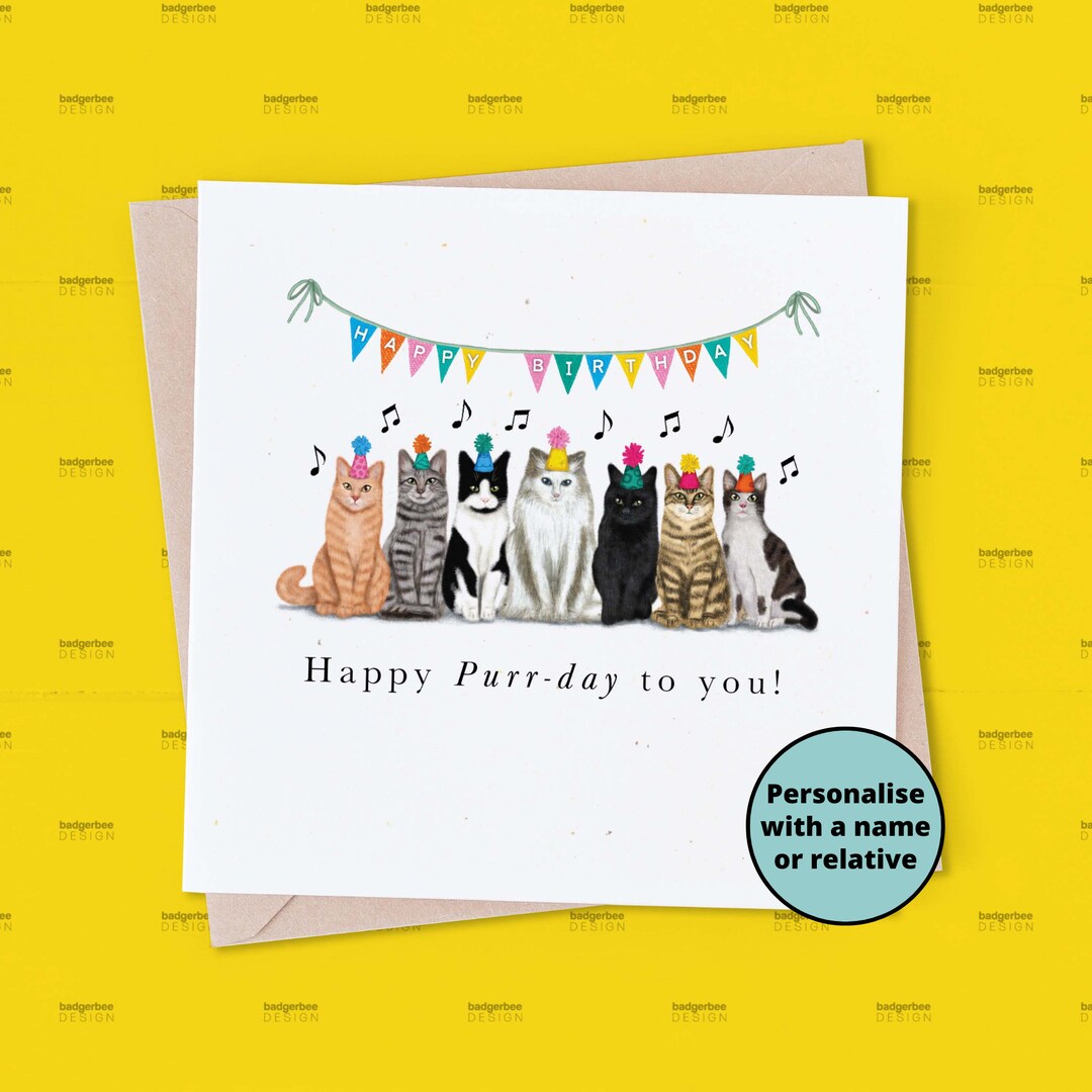 Funny Cat Birthday Card, Cat Pun Birthday Card, Personalised Happy ...