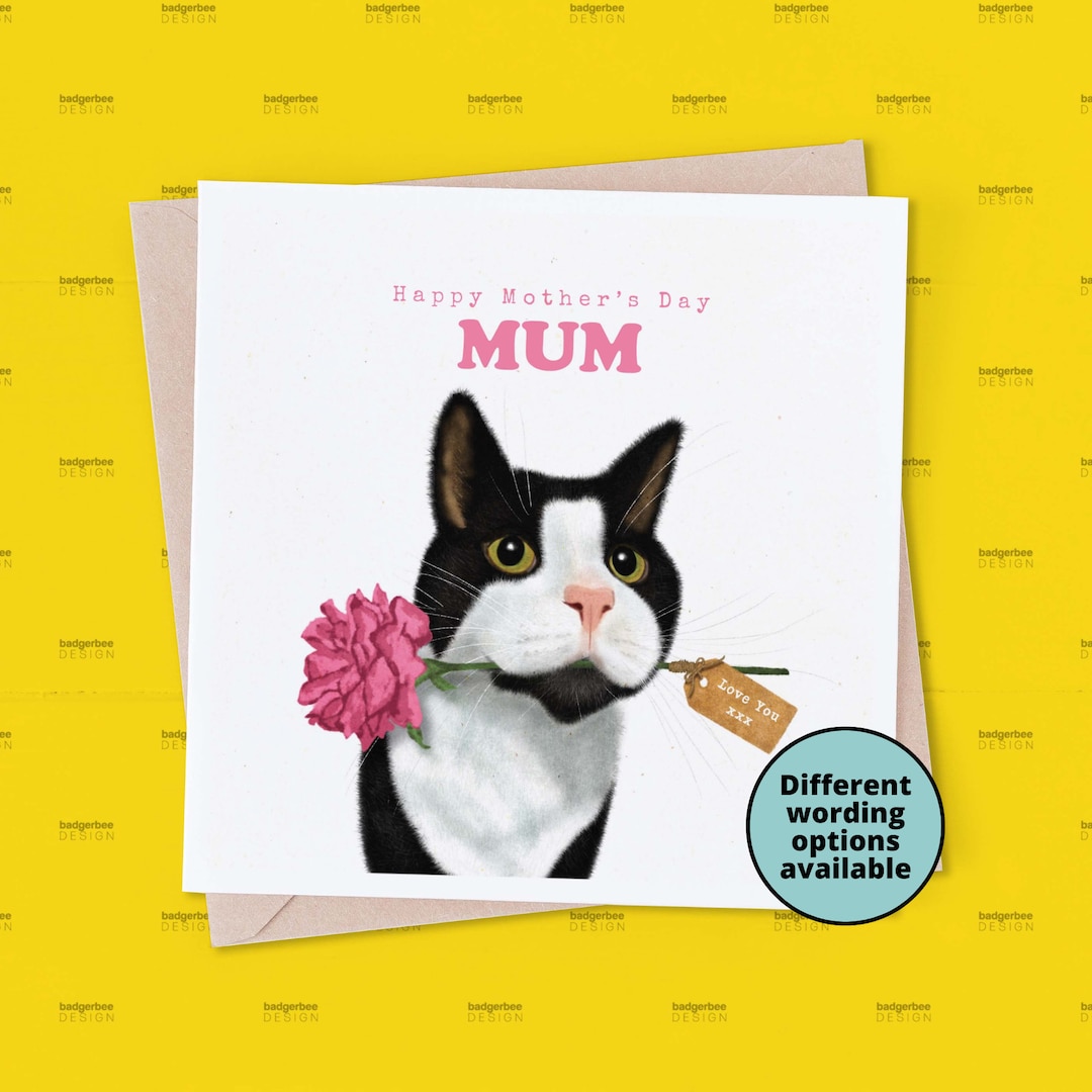 Cat Mothers Day Card, Love You Mum Card for Mum, Mummy, Cute Happy ...