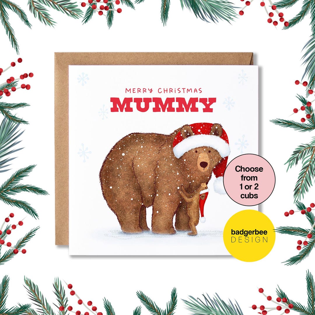 Mummy Christmas Card, Merry Christmas Card for Mummy Bear, Nanny, Card ...