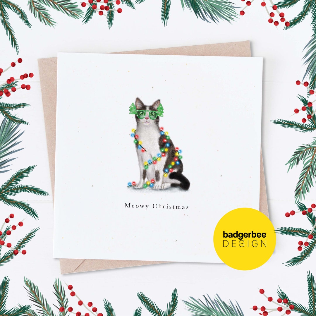 Funny Cat Christmas Card, Merry Christmas Cat Card, Grey White Cat Card ...