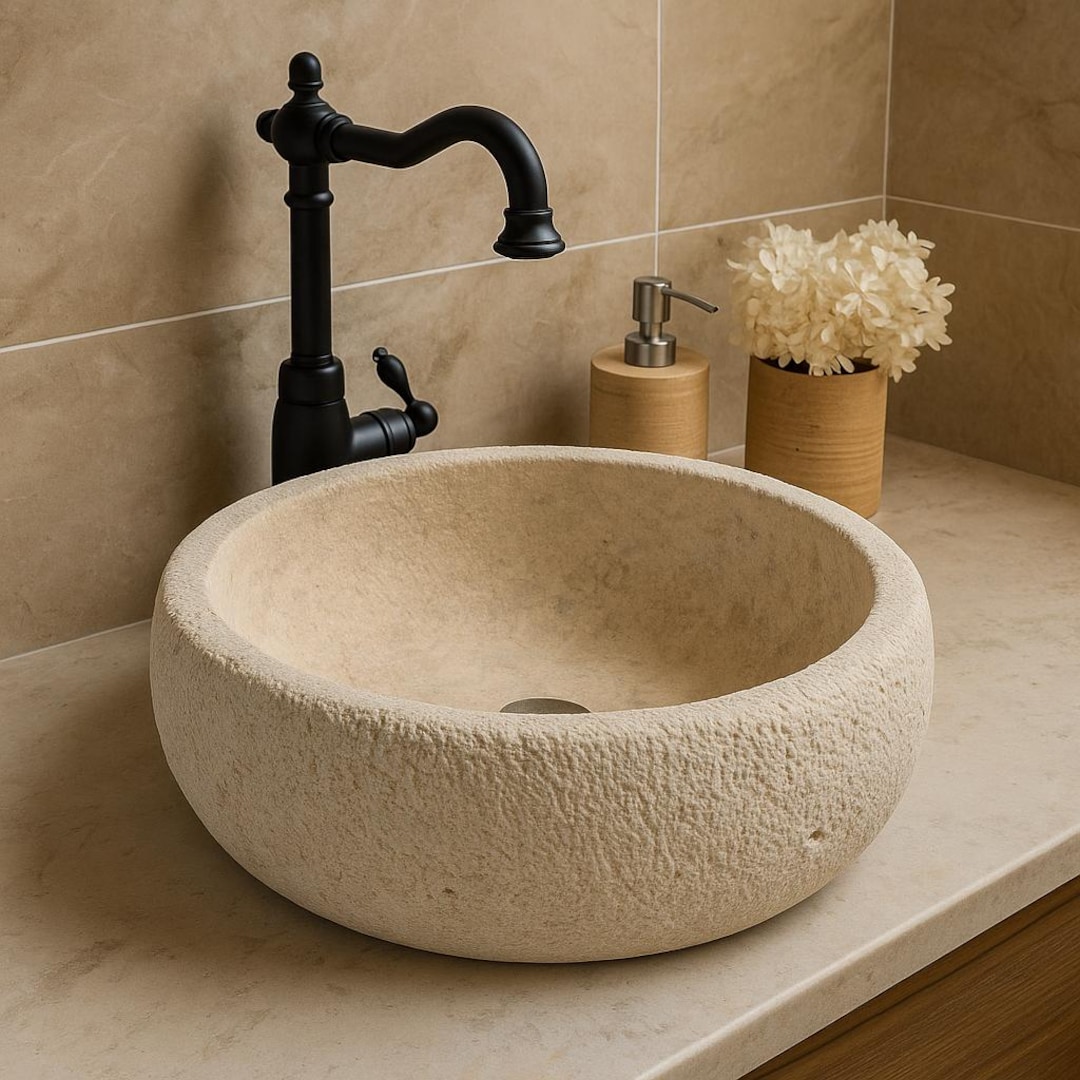 Handcrafted Travertine Stone Vessel Sink: Round Rustic Bathroom Basin ...