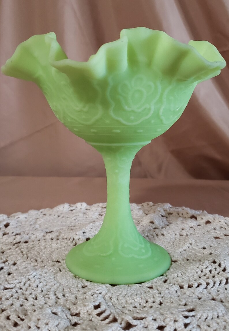 Fenton Lime Green Satin Glass Compote | Etsy