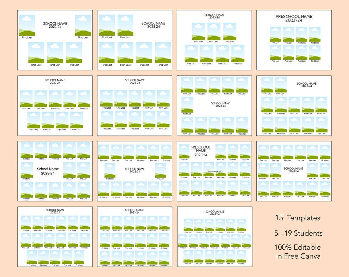 Basic Class Composites for 5-19 Students; 15 Class Photo Templates ...