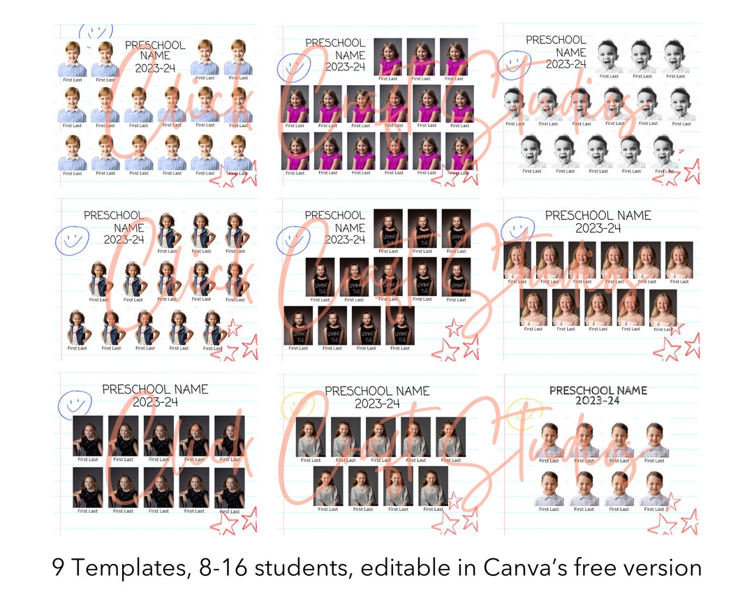 Bundle of 9 Class Photo Collage Composite Canva Templates, for 8 to 16 ...