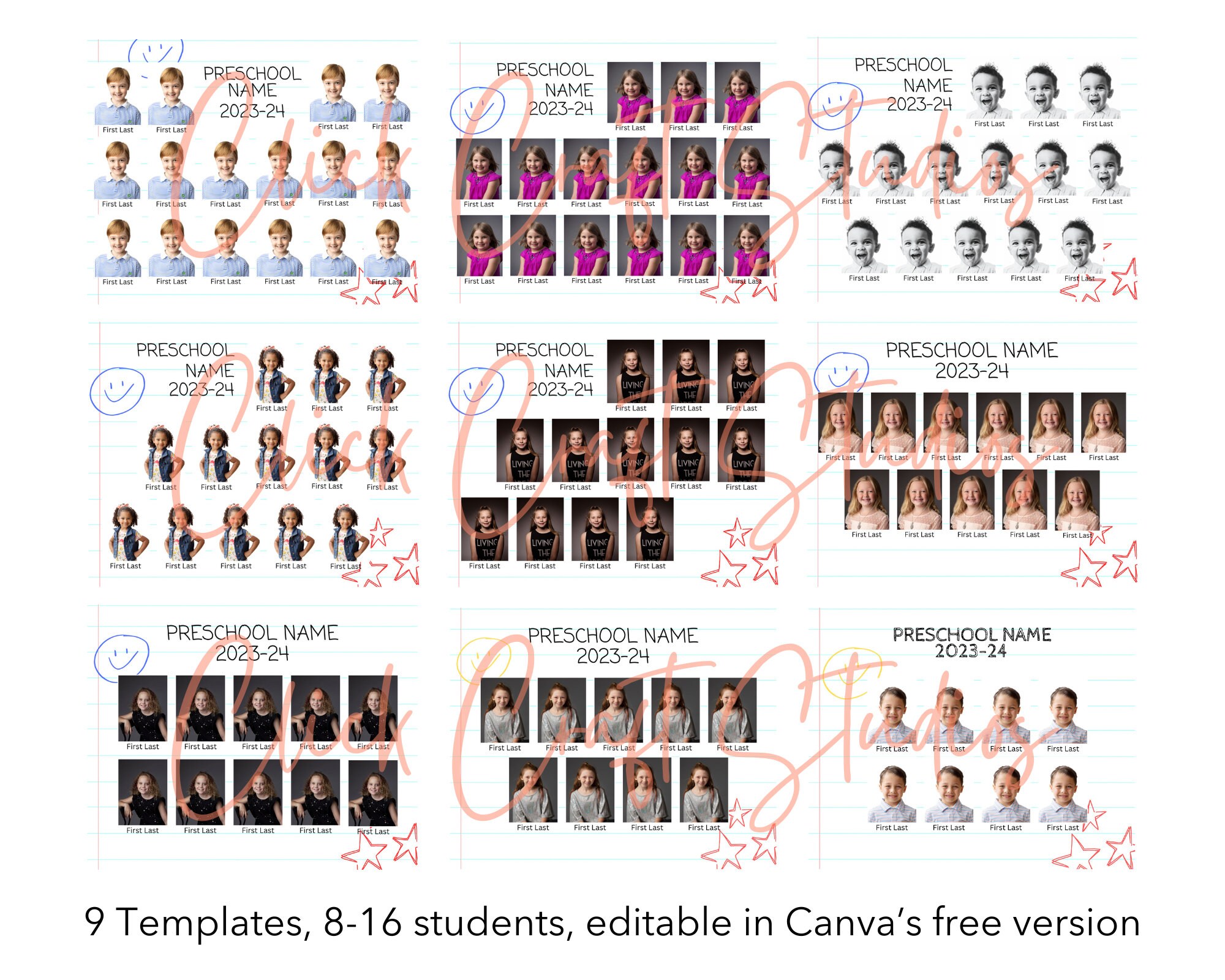 Bundle of 9 Class Photo Collage Composite Canva Templates, for 8 to 16 ...