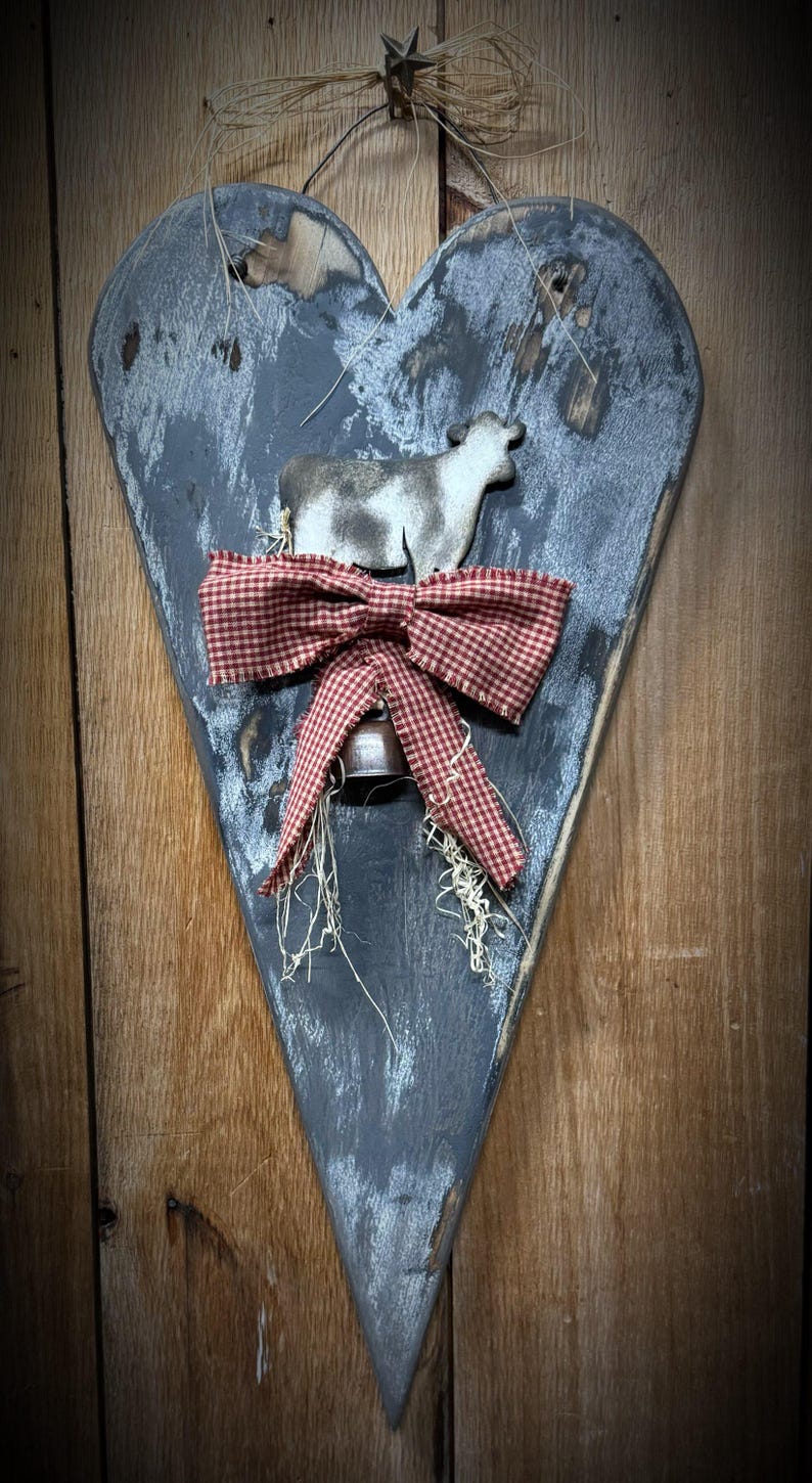 Primitive Rustic Heart With Cow, Bell, and Bow - Etsy