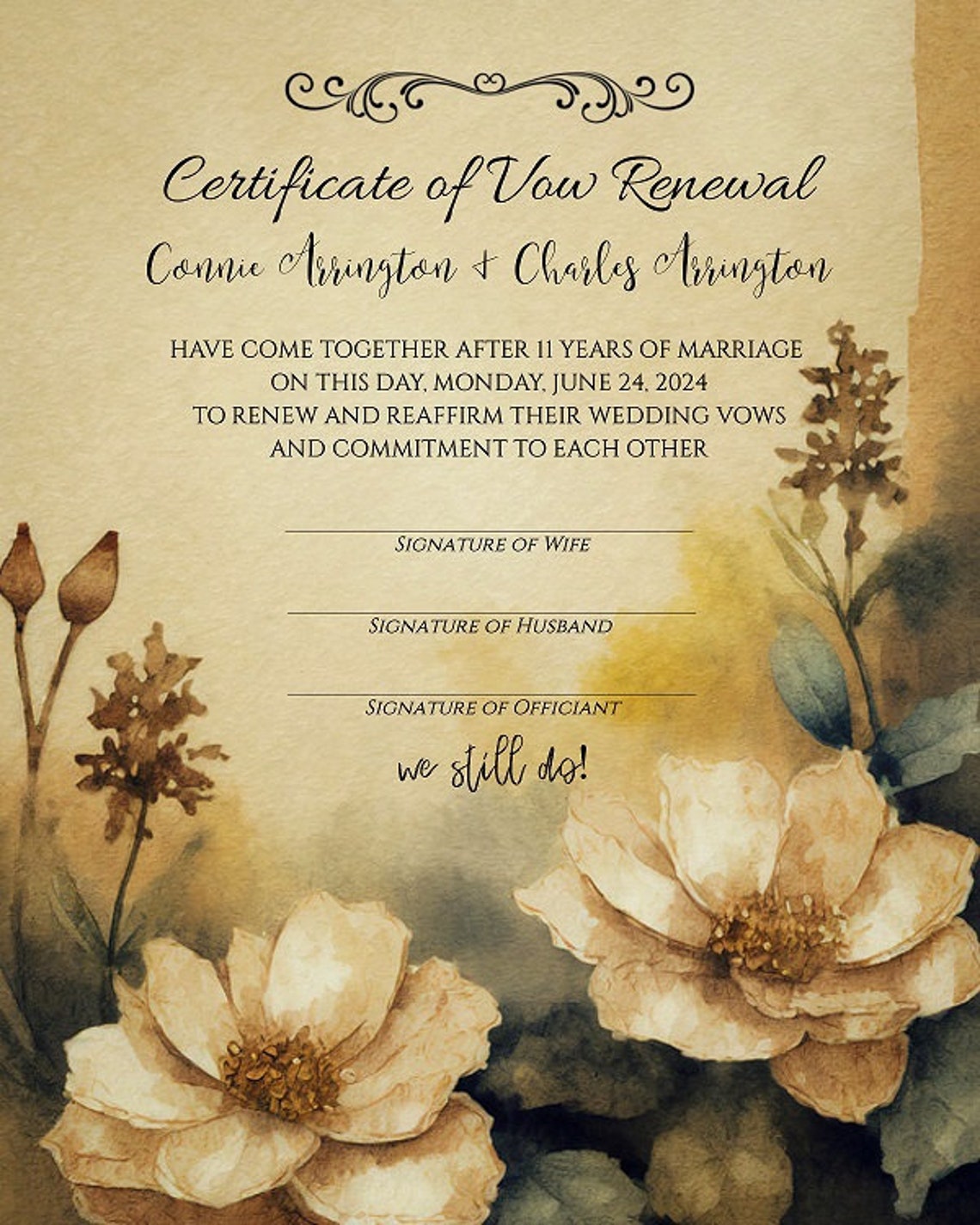 Floral Beauty Marriage Vow Renewal Certificate 8x10/easy Corjl Edit ...