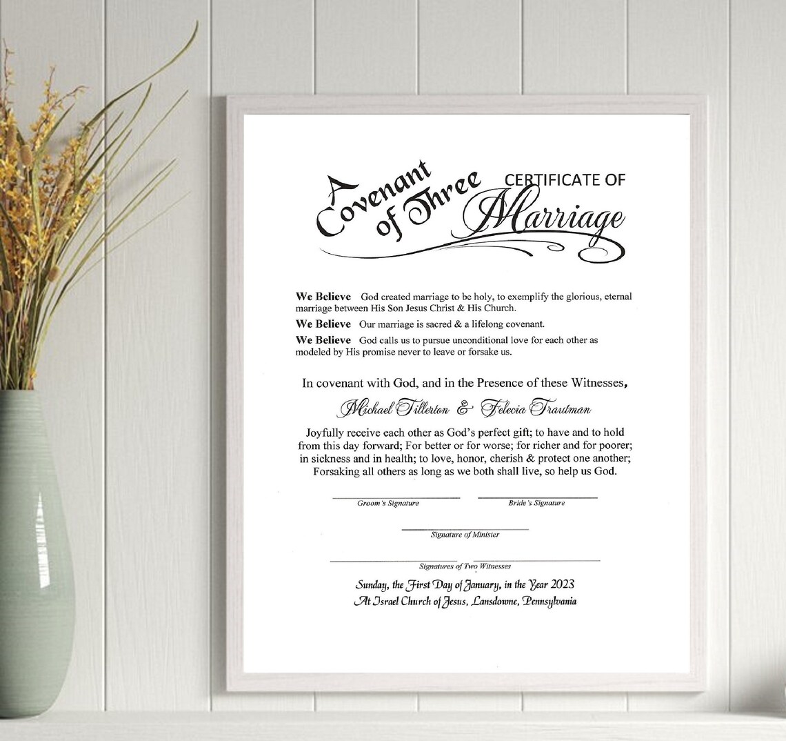 A Covenant of Three Certificate of Covenant Marriage/8.5x11/printed on ...