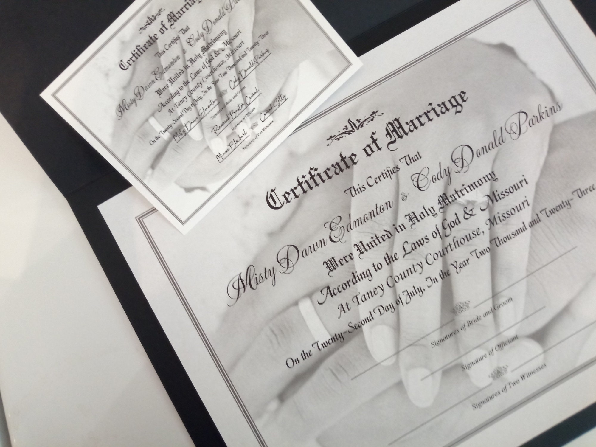 Hand in Hand Certificate of Marriage 8.5x11/opt Certificate Holder/opt ...