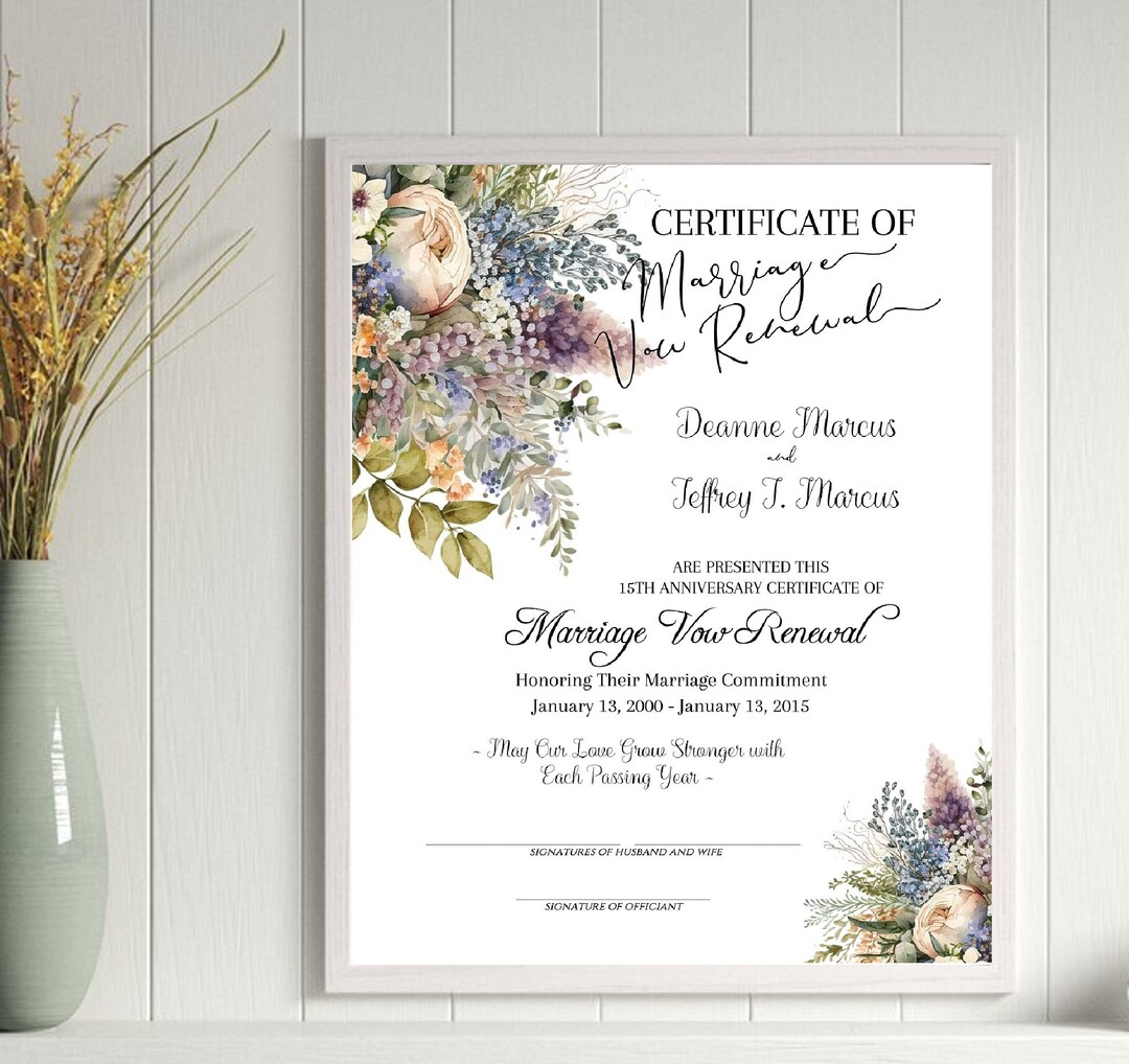 Editable Sumptuous Floral Bouquet Marriage Vow Renewal Certificate 8x10 ...