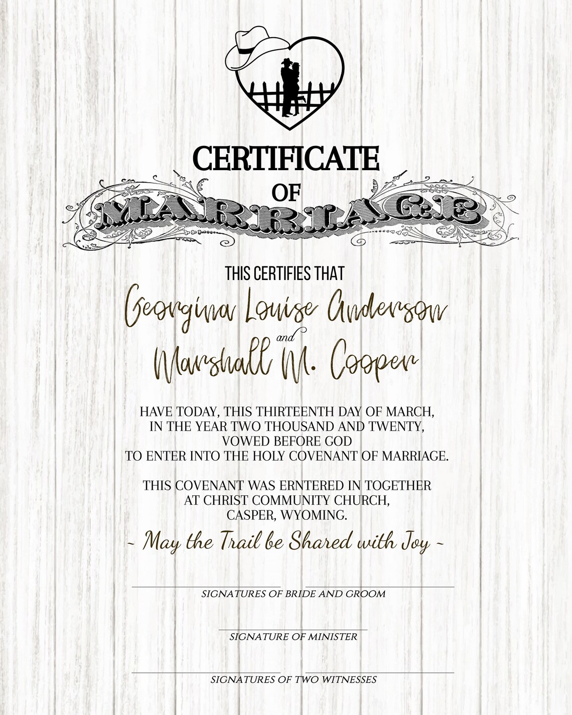 The Honor of a Cowboy Certificate of Marriage Template 8x10 Dc/easy ...