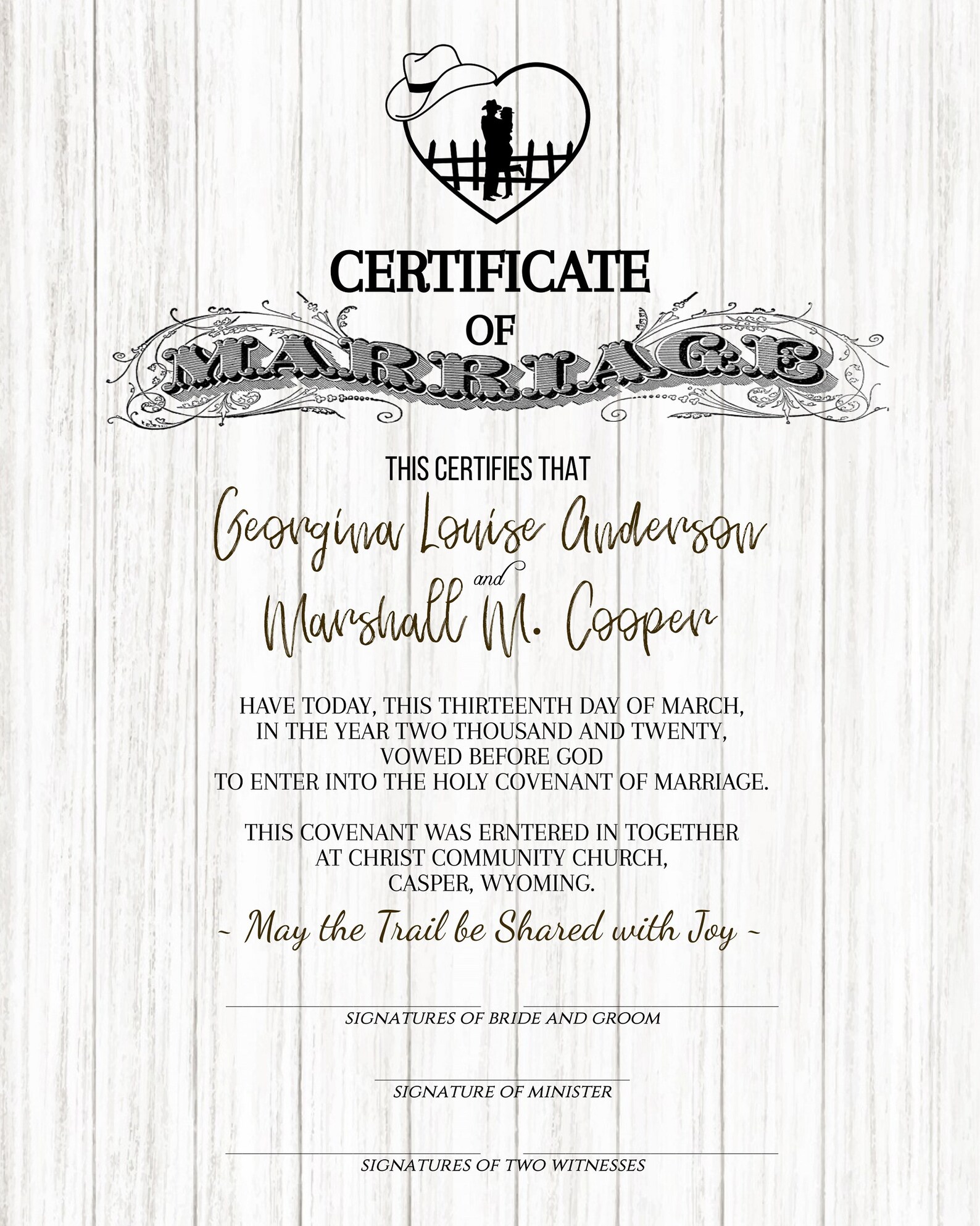 The Honor of a Cowboy Certificate of Marriage Template 8x10 Dc/easy ...