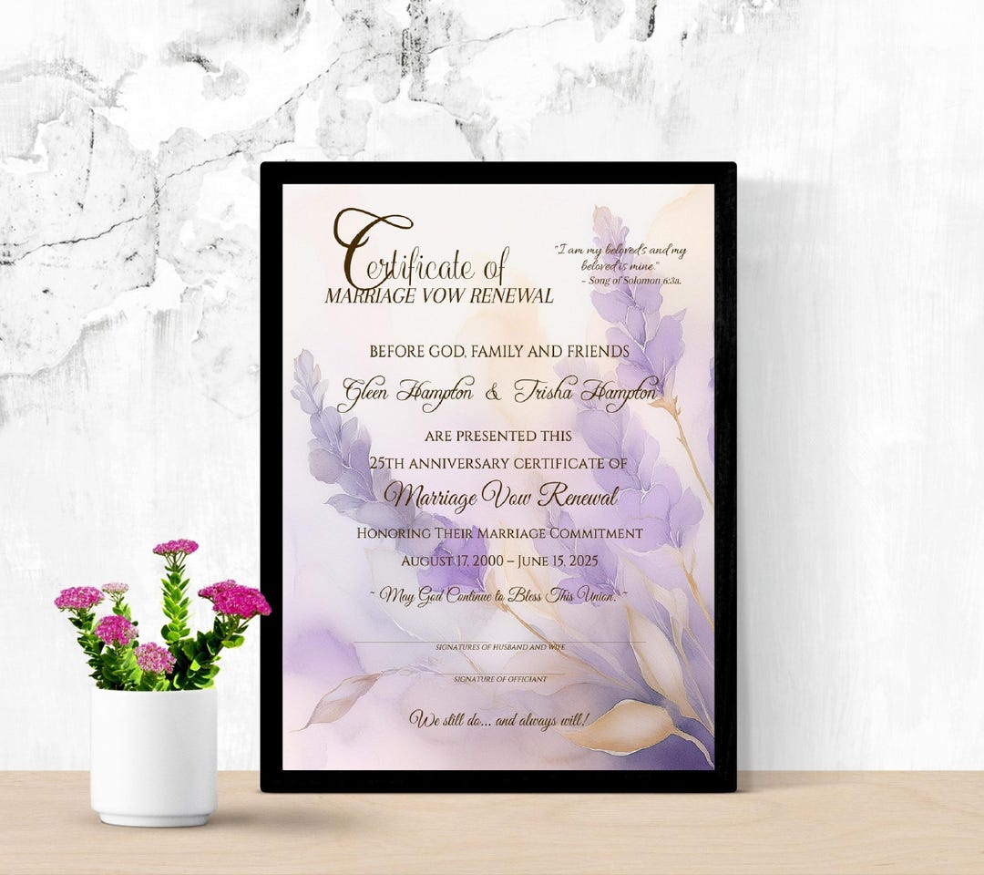 Precious Purple Passion Marriage Vow Renewal Certificate 8X10 Template ...