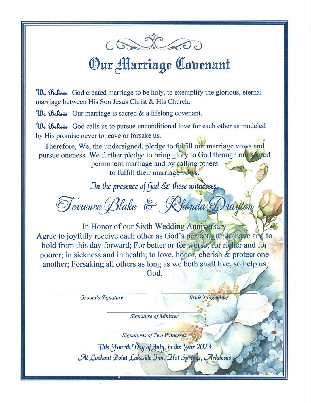 Glorious Garden of Romance Certificate of Covenant Marriage 8.5x11/opt ...