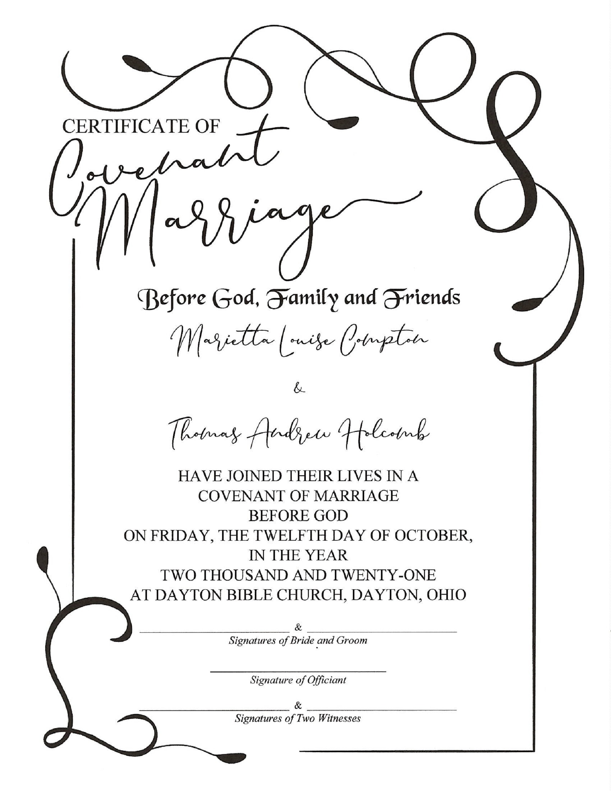 Minimalist Certificate of Covenant Marriage/optional Certificate Holder ...