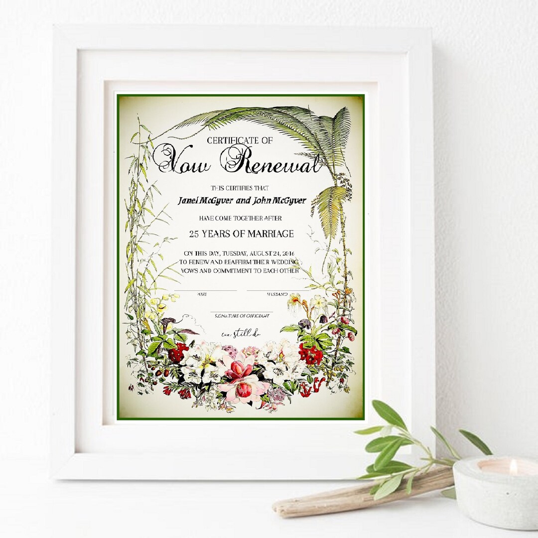 Floral Fantasy Marriage Vow Renewal Certificate Template 8.5x11/corjl ...