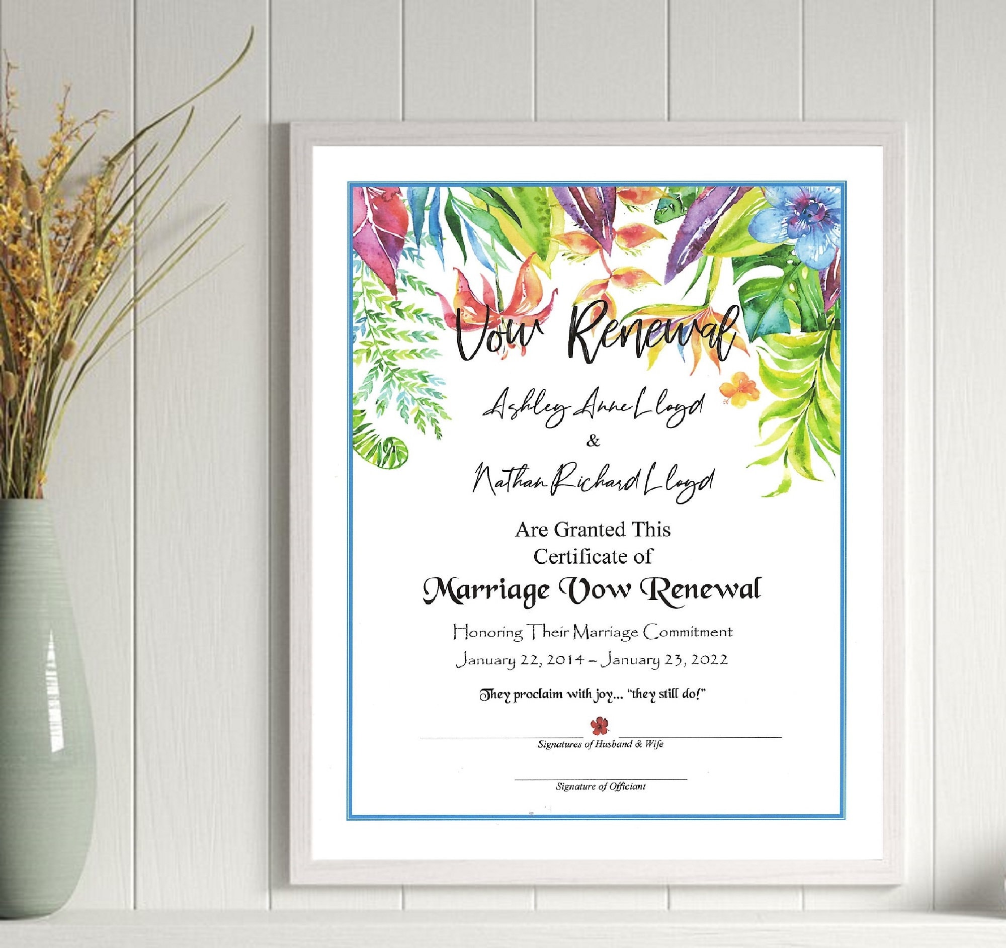 Tropical Marriage Vow Renewal Certificate, Aloha Kisses Design - Etsy