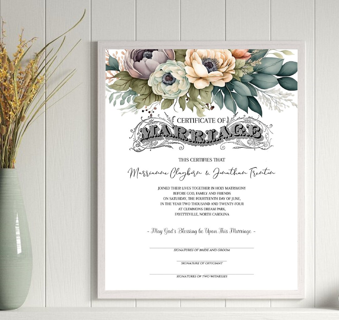 Fragrance of Romance Certificate of Marriage Template 8x10/easy Corjl ...