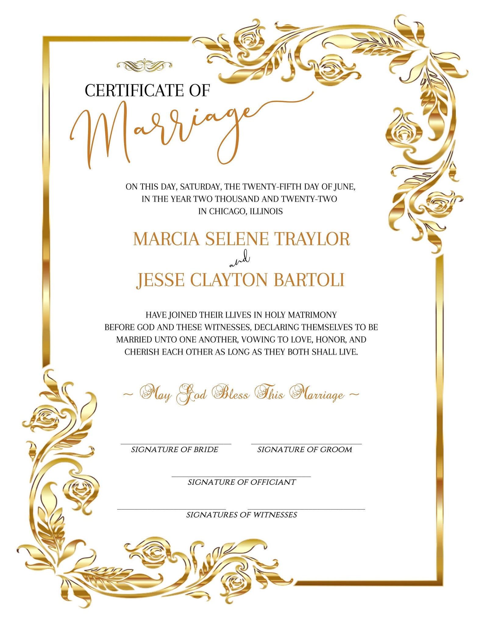 Real Love is Golden Certificate of Marriage Template 8.5x11/easy Corjl ...