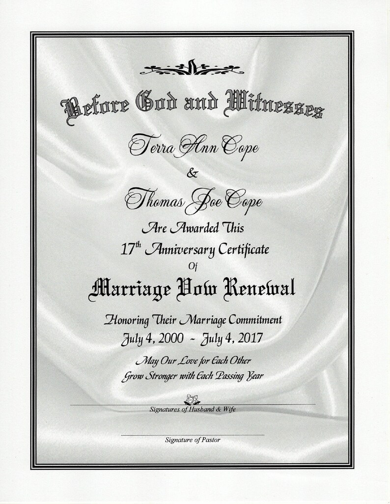 A Silver Celebration Marriage Vow Renewal Certificate/optional 4.25" X ...