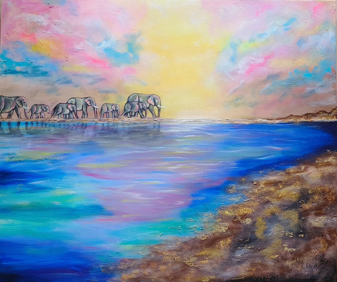 Elephants Painting, Elephant Family Painting, Glow in the Dark Painting ...