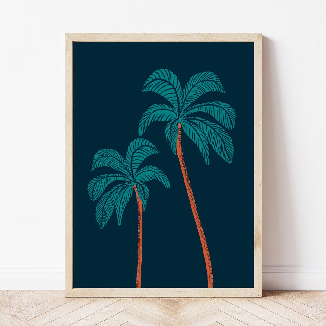 Tropical Palm Tree Print, Navy Blue Wall Art for Living Room or Office ...
