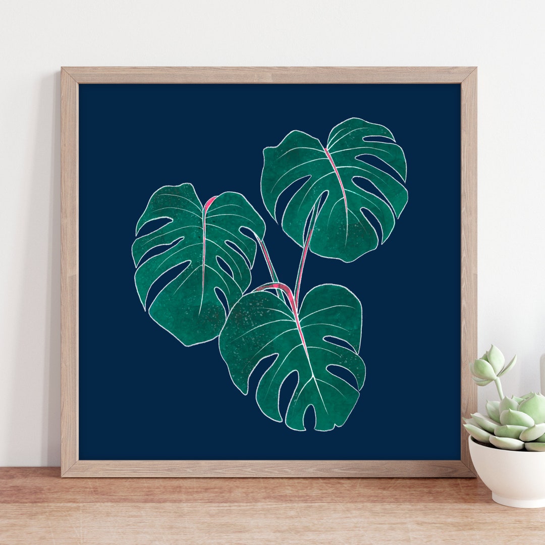 Abstract Monstera Leaf Square Wall Art, Navy Blue Plant Square Art ...