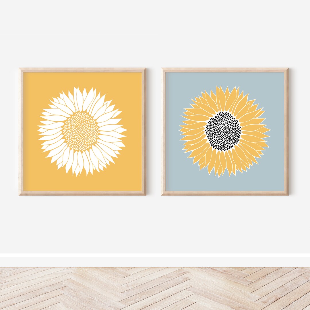 Sunflower Prints in a Set of 2, Square Floral Unframed Print, Sunflower ...