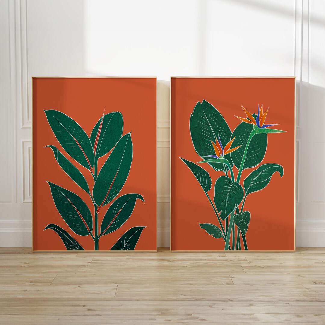 Set of 2 Burnt Orange Botanical Prints - Rust Orange Wall Art for ...