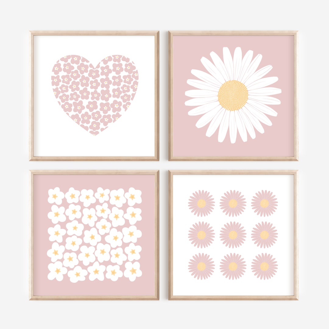 Pink Flower Wall Art Set of 4, Square Floral Prints, Dusty Rose Nursery ...