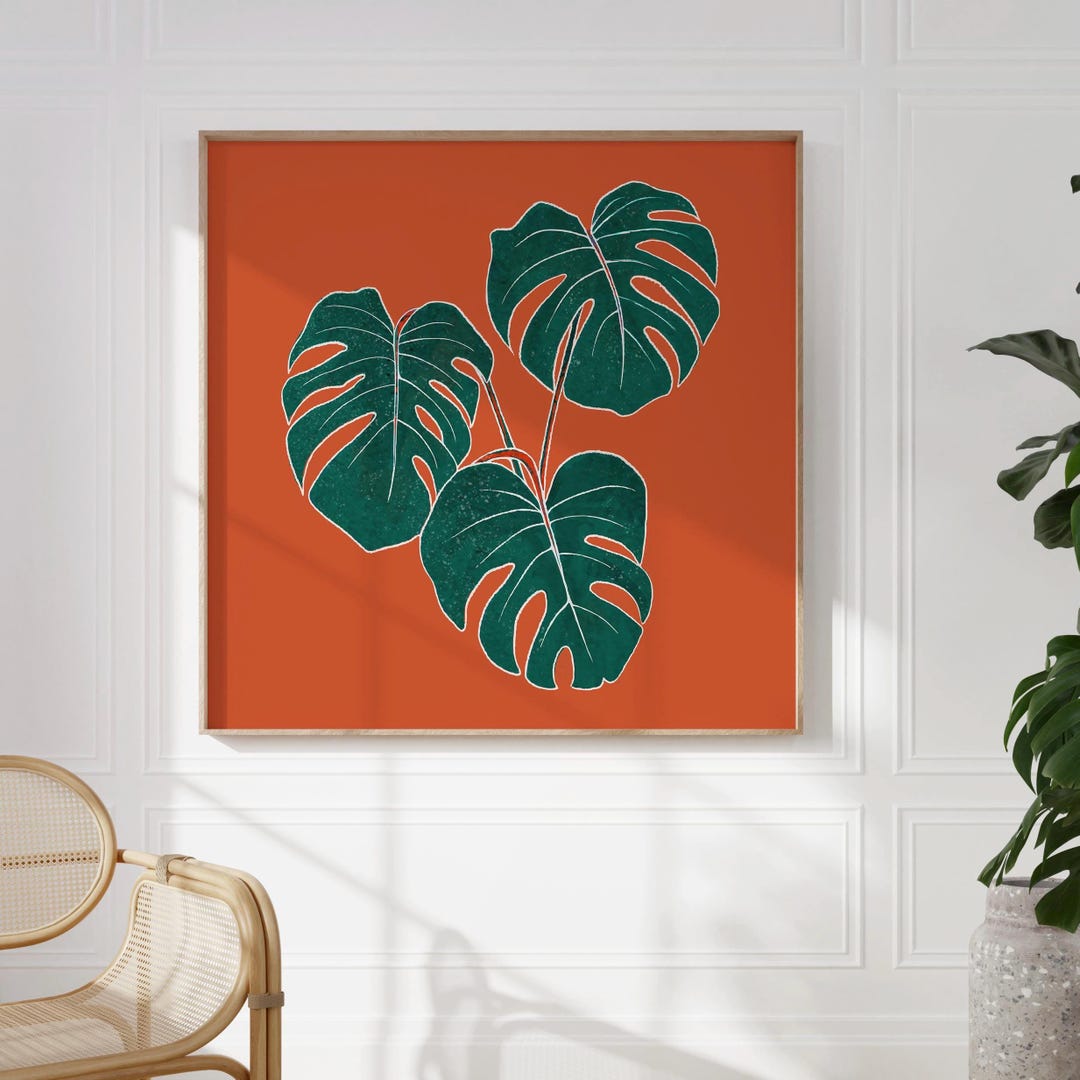 Rust Monstera Wall Art, Burnt Orange Square Botanical Plant Print ...