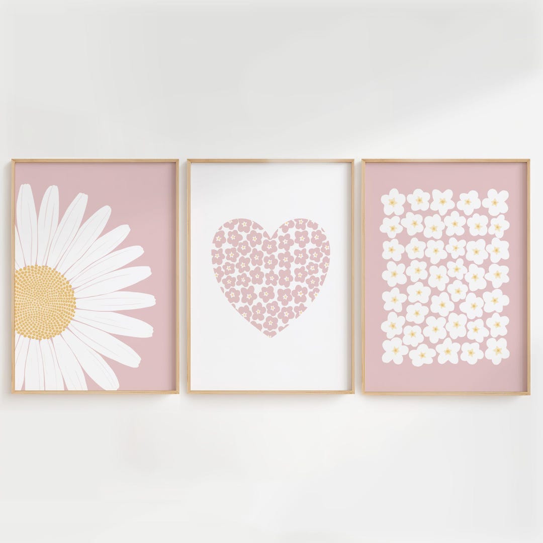 Set of 3 Floral Minimalist Prints - Blush Pink Daisy, Heart & Blossom Wall Art - Modern ...