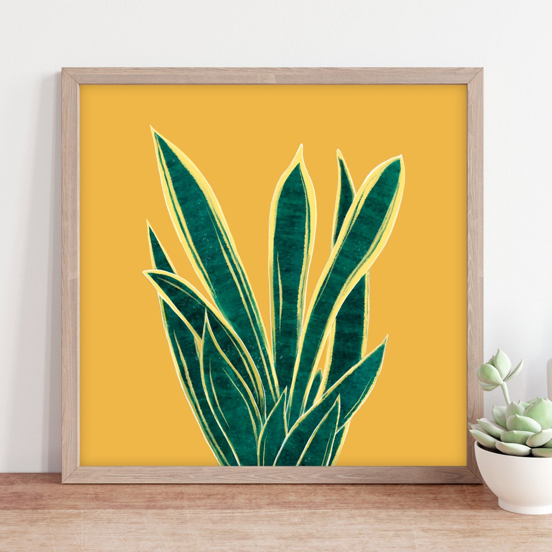 Yellow House Plant Square Art Print, Snake Plant Mustard Wall Art ...