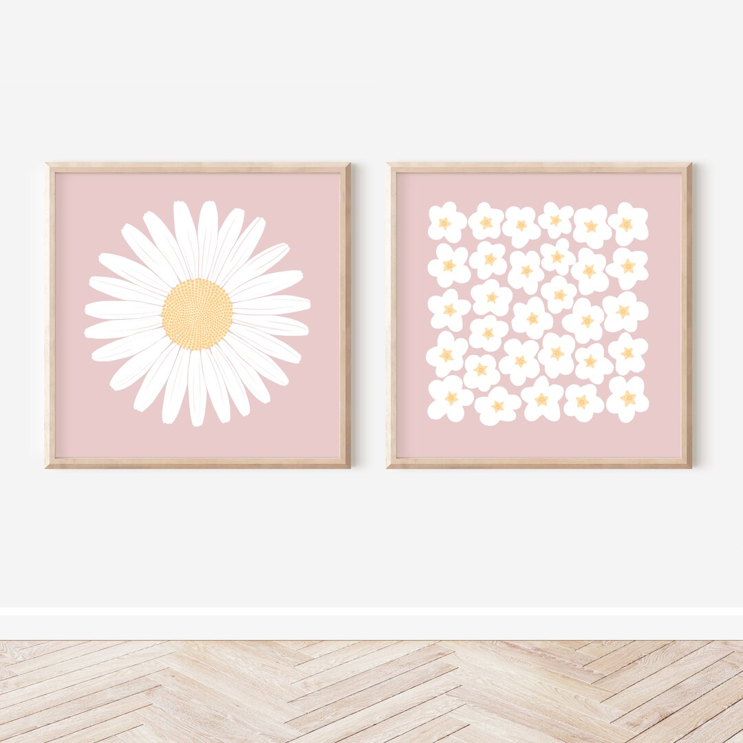Pastel Pink Square Wall Art Set of 2 – Daisy & Mini Floral Prints for ...
