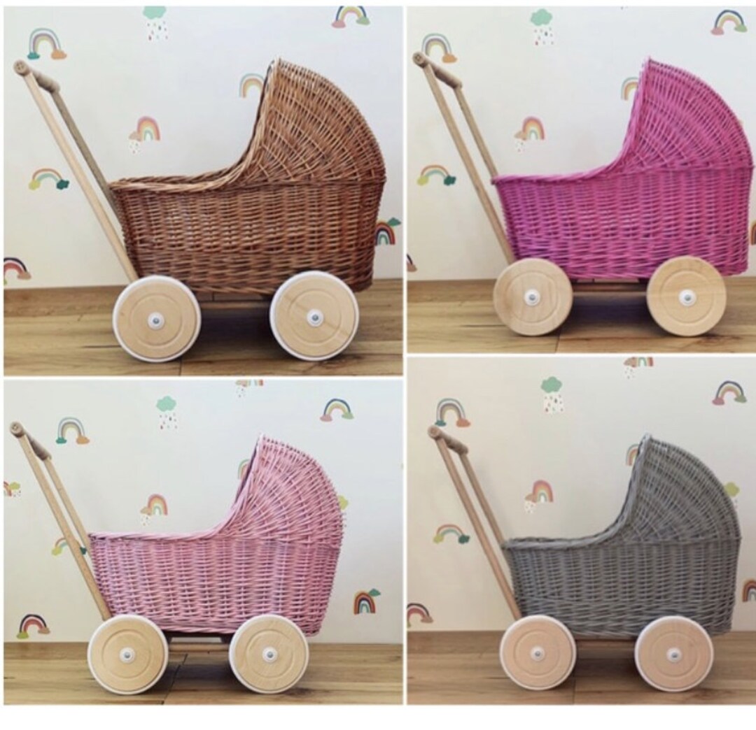 CUSTOMISABLE Handmade Natural Wicker Rattan Dolls Pram, Choose Your ...