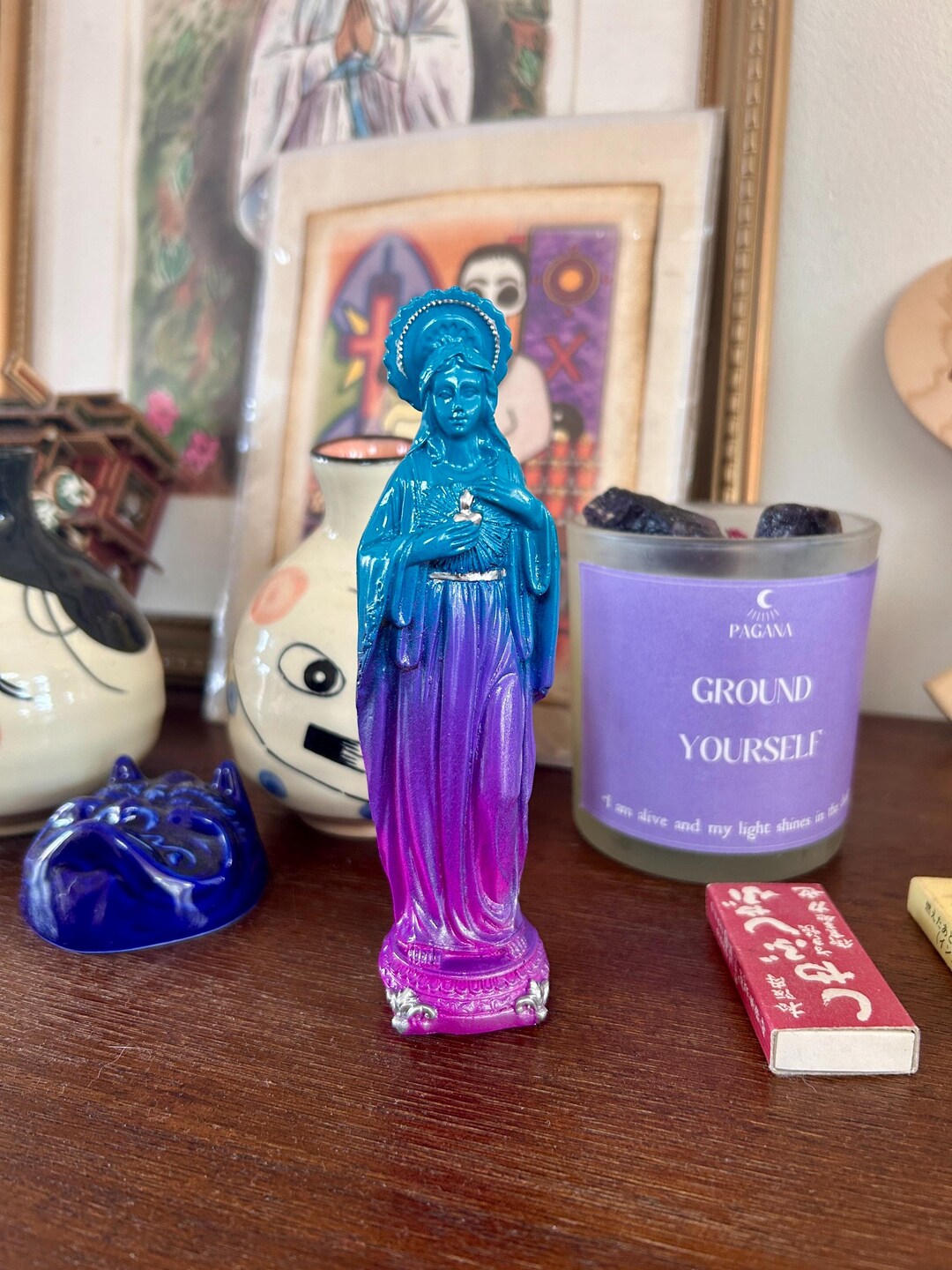 Colorful Virgin Mary Statue 14cm, Hand Painted on Acrylic and Gold. Pop ...